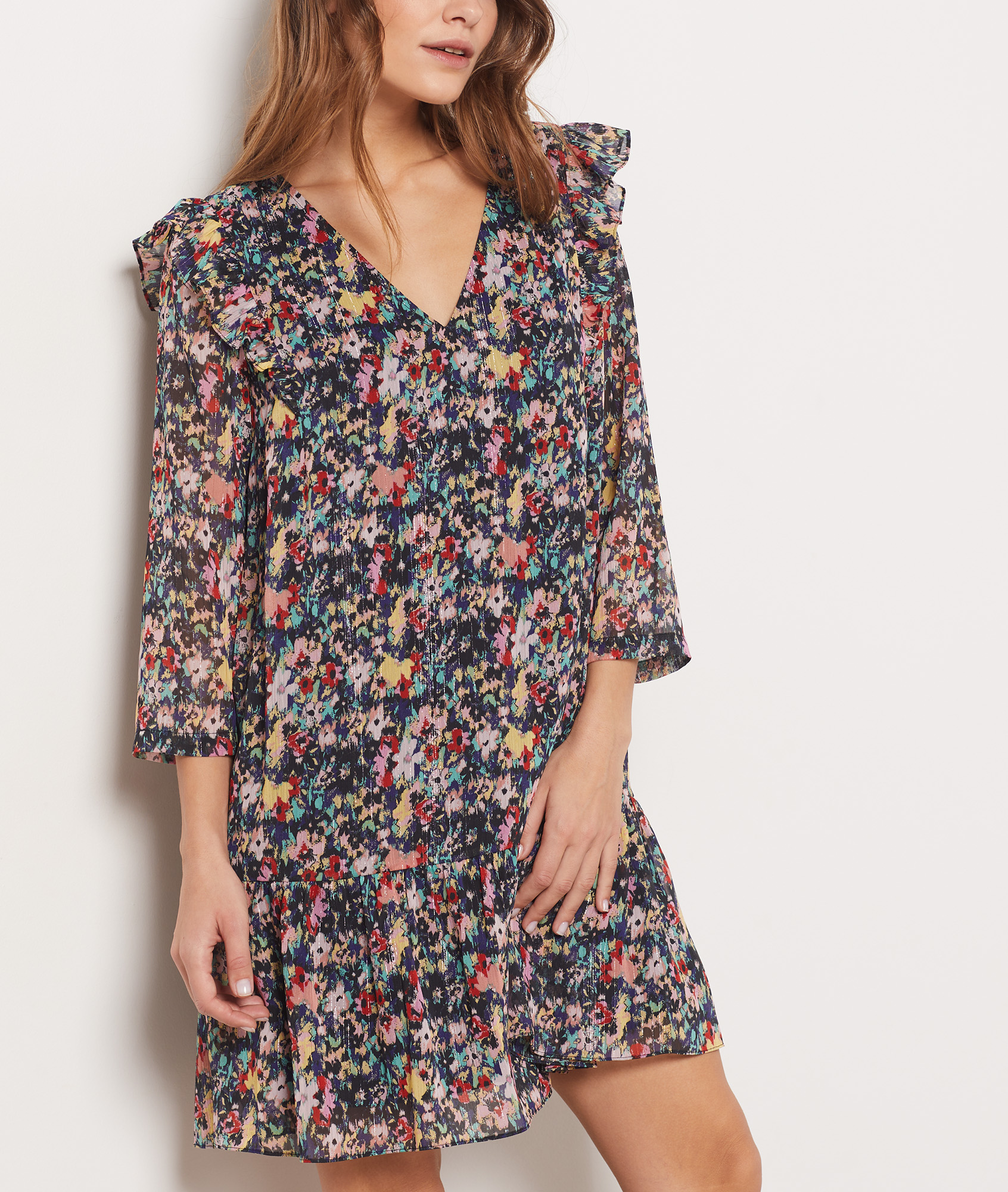 Robe courte fleurie à volants RUBY IMP FOND VERT - ETAM